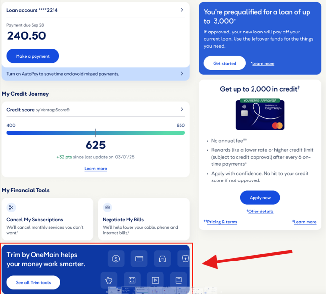 Logging in to Trim through OneMain Financial account – Trim by OneMain